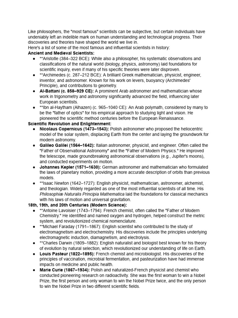 Influential Scientists Throughout History | PDF | Scientist | Physics