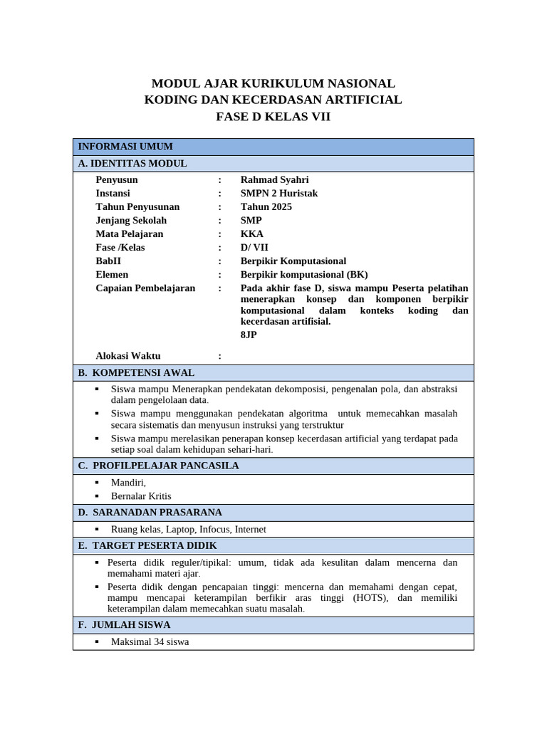 Modul Ajar Koding KKA Kelas 7 Fase D | PDF