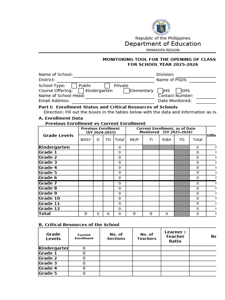 Monitoring Tool for School Readiness 2025-2026 | PDF | Curriculum ...
