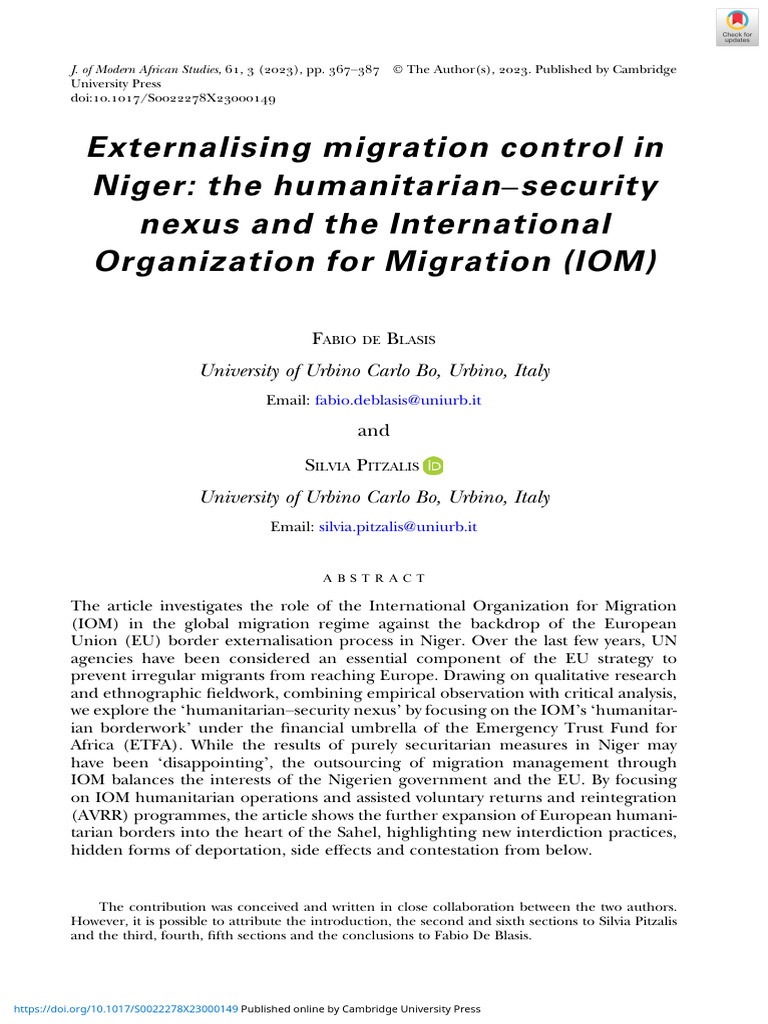 Externalising Migration Control in Niger The Humanitarian Security Nexus and The International ...