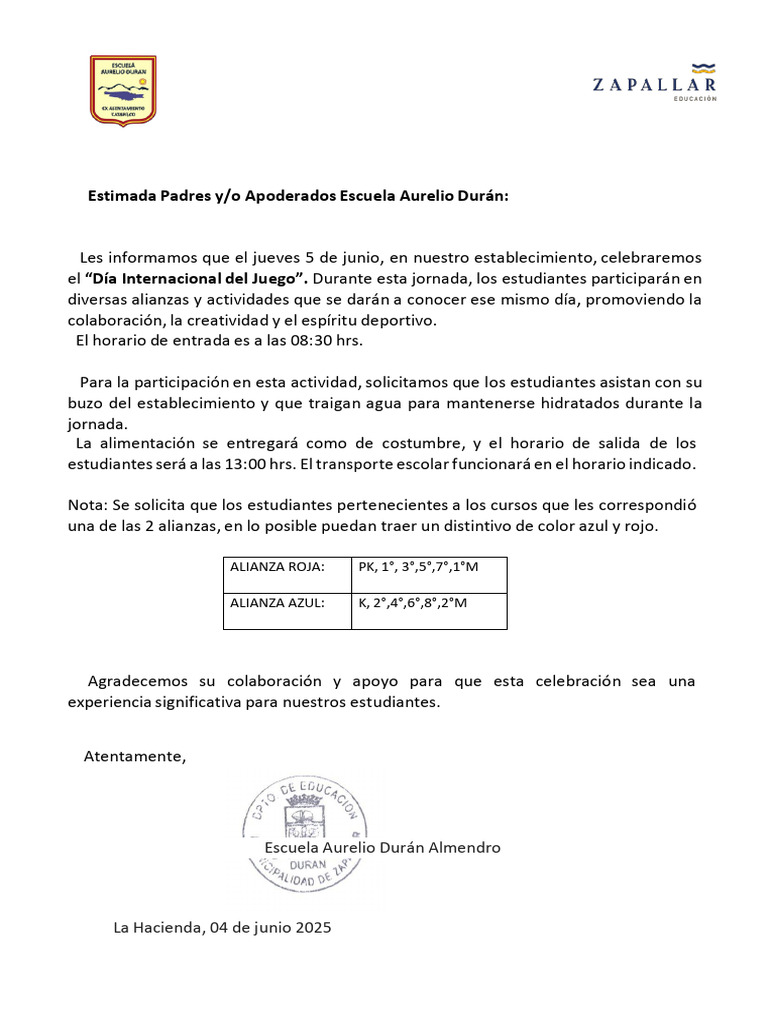 Celebración del Día del Juego en Escuela Aurelio Durán | PDF
