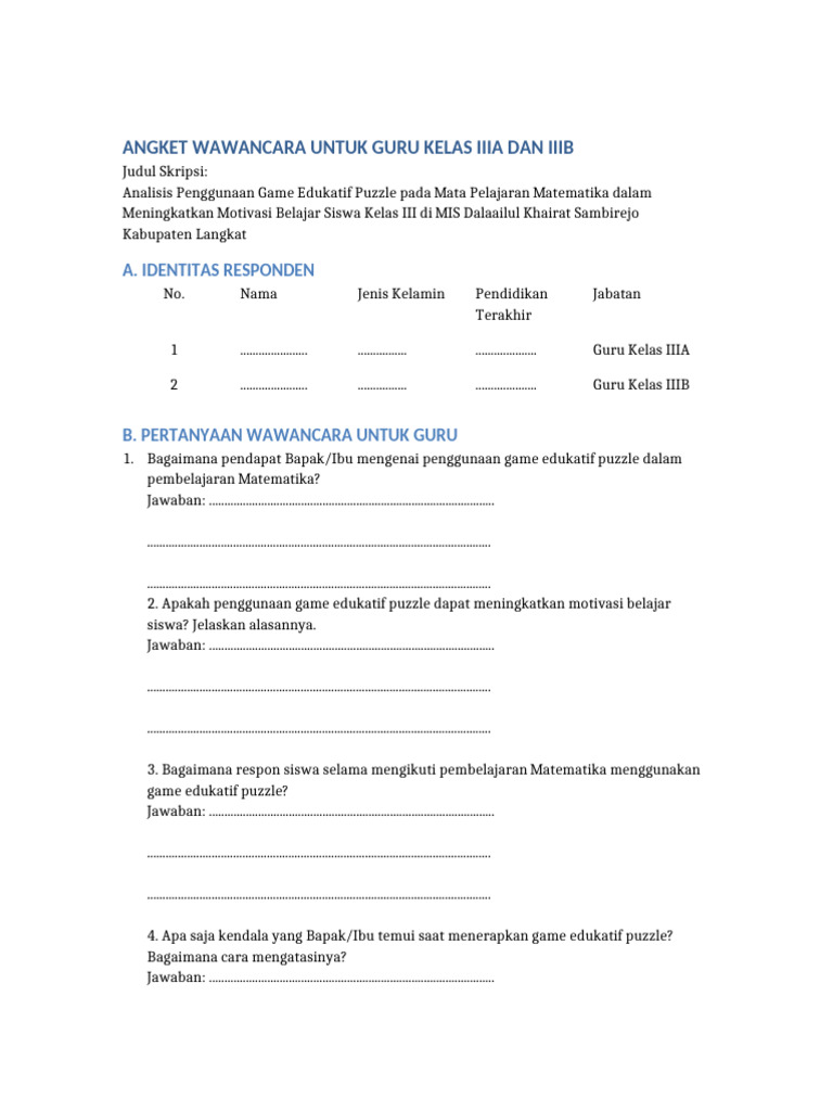 Angket Wawancara Skripsi Template Jawaban | PDF