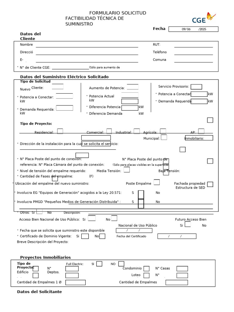 Formulario-Factibilidad CGE | PDF | Electricidad | Energia electrica