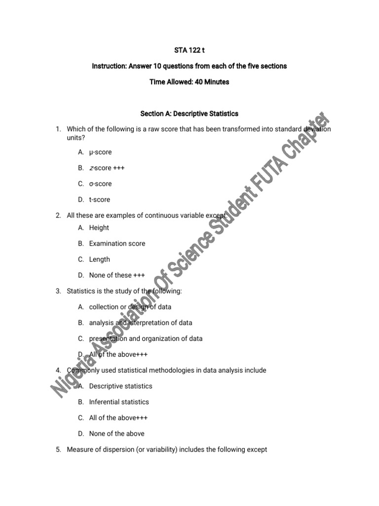 STA 122 CBE Past Questions | PDF