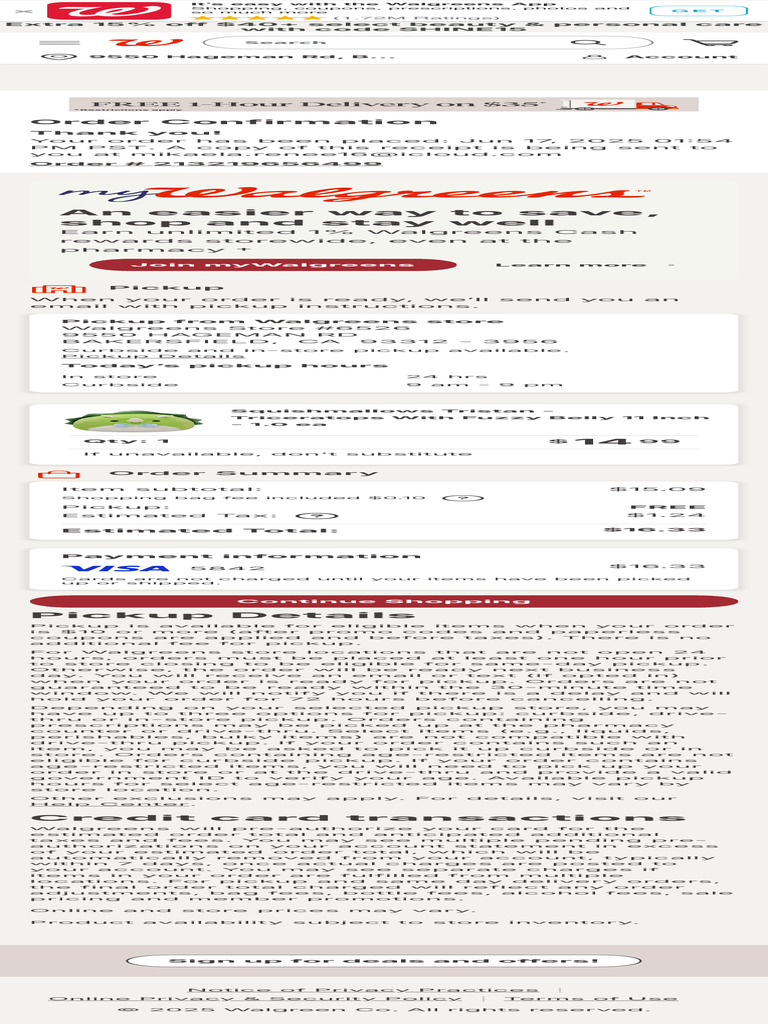 Walgreens Order Pickup Confirmation | PDF | Credit Card | Payments