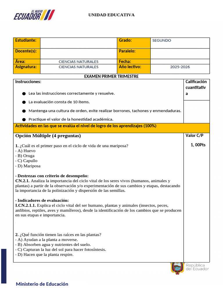 2do - CCNN 1er Trim Examen | PDF | Habitat | Invertebrado