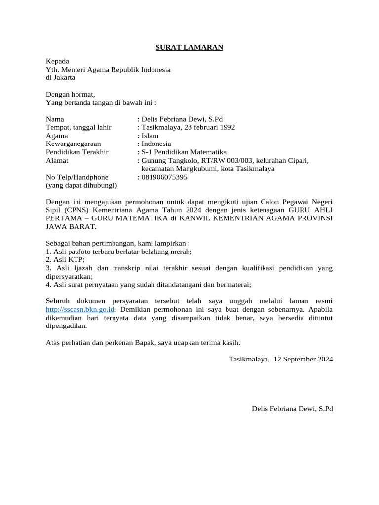 SURAT LAMARAN Cpns Kemenag Fix | PDF