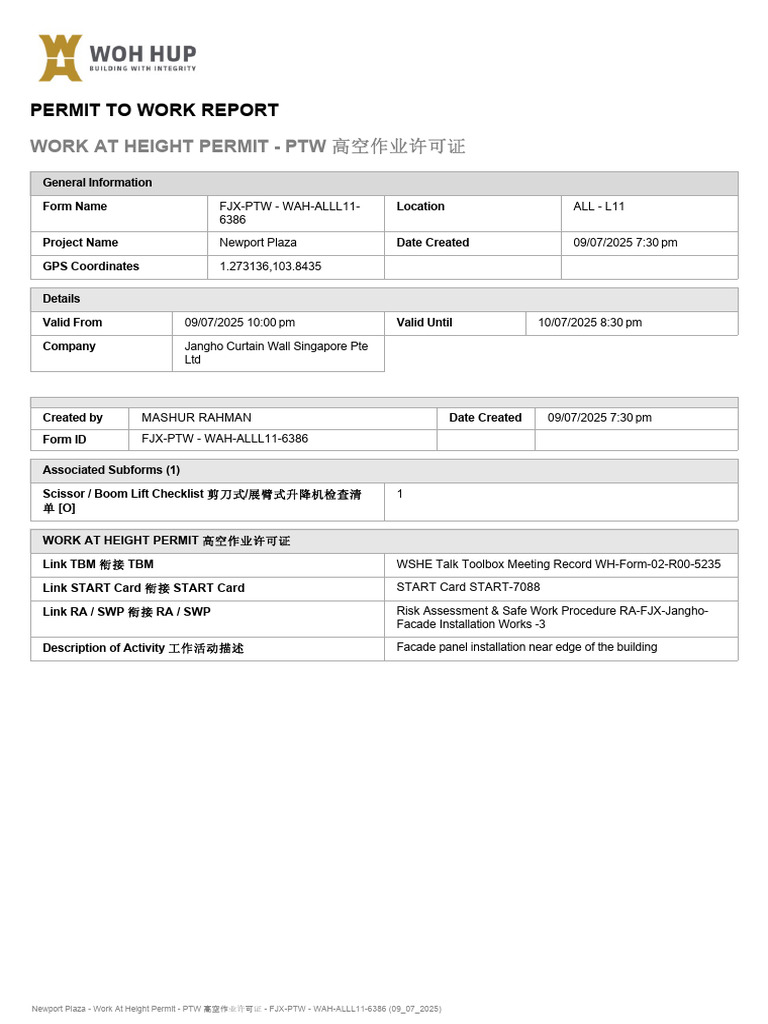 Newport Plaza - Work At Height Permit - PTW 高空作业许可证 - FJX-PTW - WAH-ALLL11-6386 (09 - 07 - 2025 ...