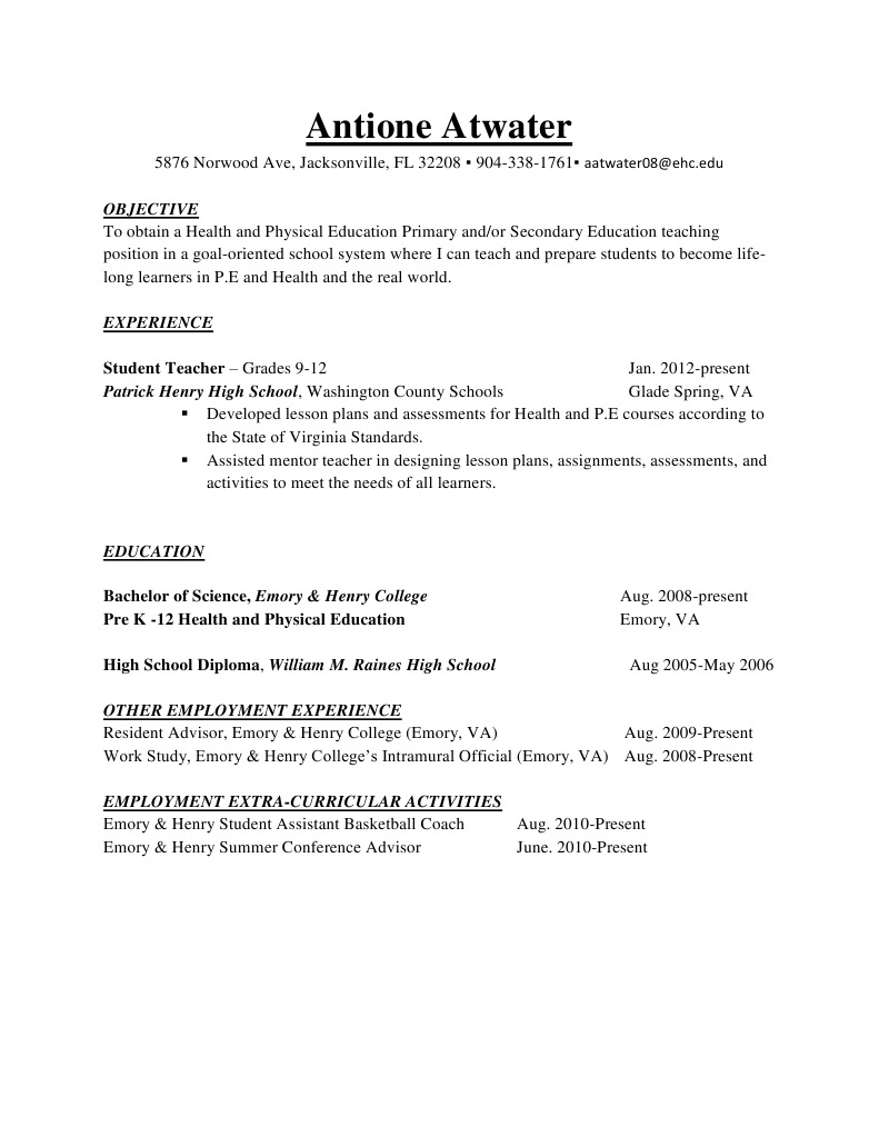 Antione Atwater: Health Education Resume | PDF | Wellness