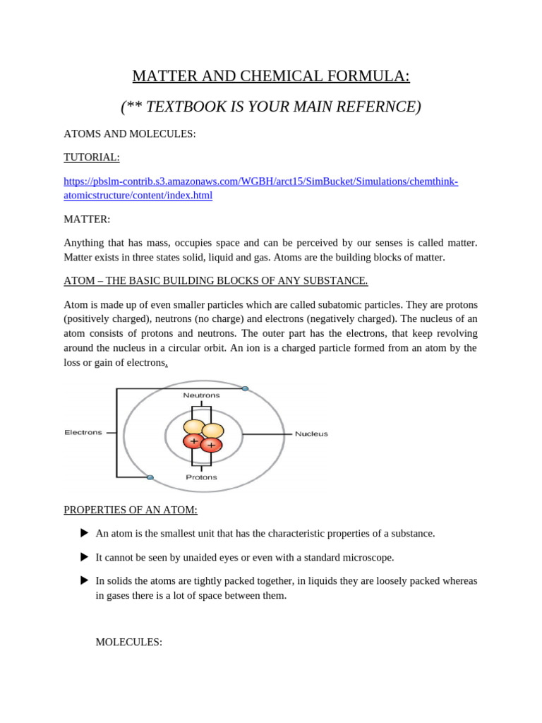 Matter and Chemical Formula Notes Upto Symbols | PDF | Atoms | Matter