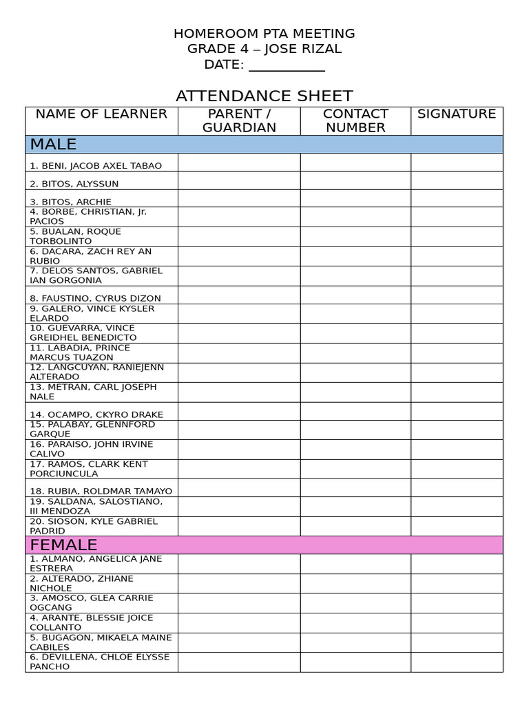 Homeroom Pta Meeting Attendance | PDF