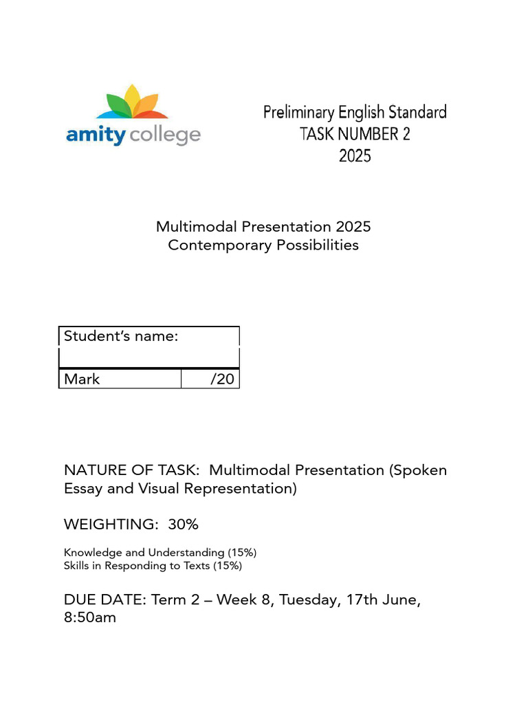 Yr 11 English Standard Task 2 2025 - Contemporary Possibilities | PDF ...
