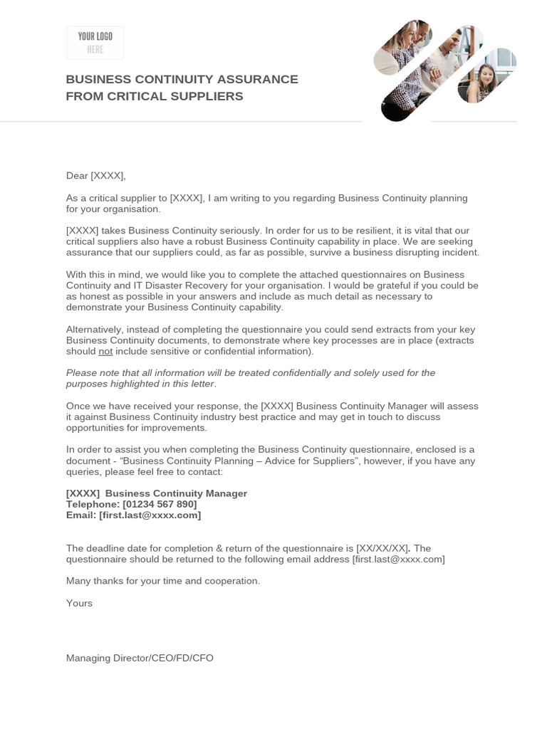 3 - Critical Supplier BC Questionnaire Cover Letter | PDF