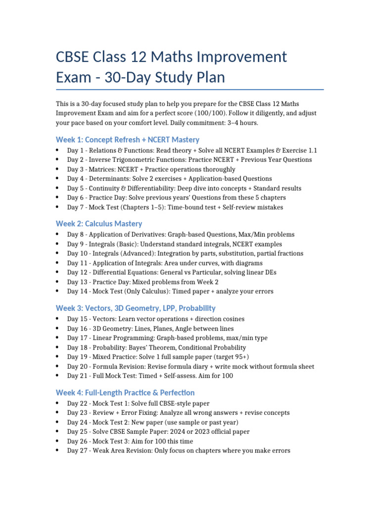 CBSE Maths Improvement 30 Day Plan | PDF | Integral | Trigonometric ...