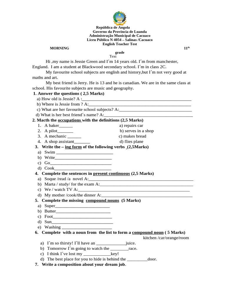 English School Test 2nd Term 11th Grade 2024-2025 | PDF | Grammar ...