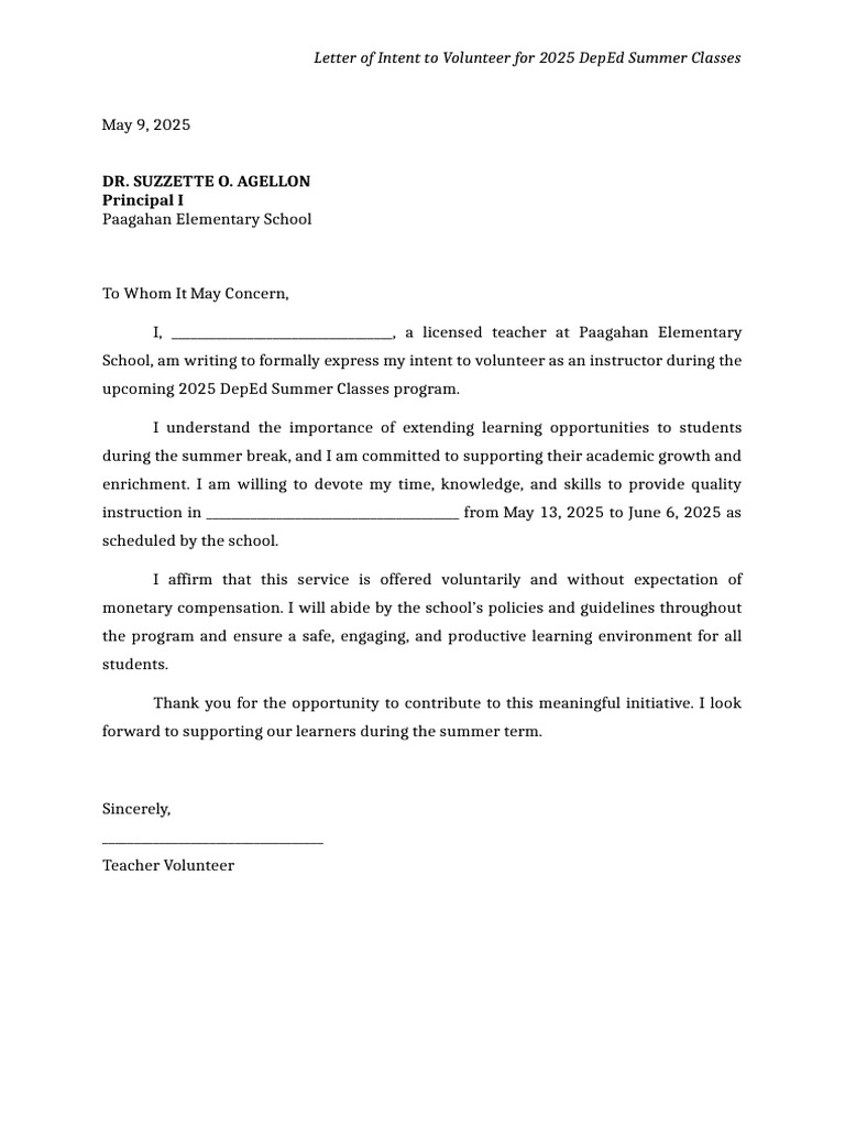 Intent to Volunteer for Summer Classes | PDF