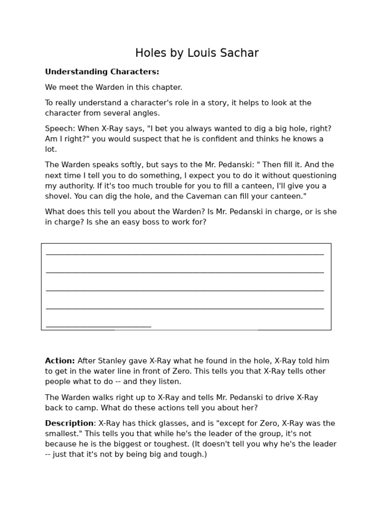 Holes by Louis Sachar - in Class Exercises CH 10 | PDF