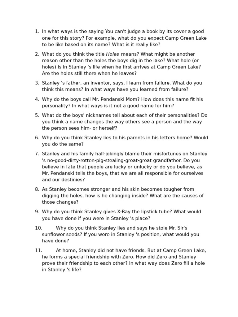 Holes Book Club Questions | PDF