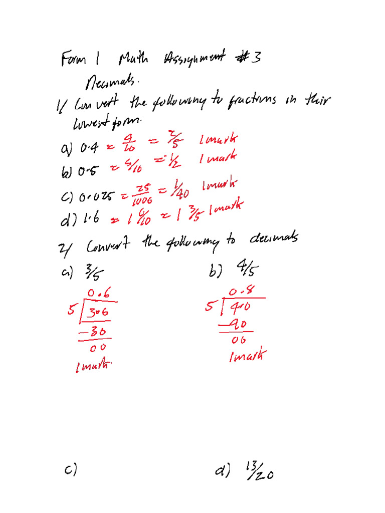 Form 1 Math Assigment 3 Decimals | PDF