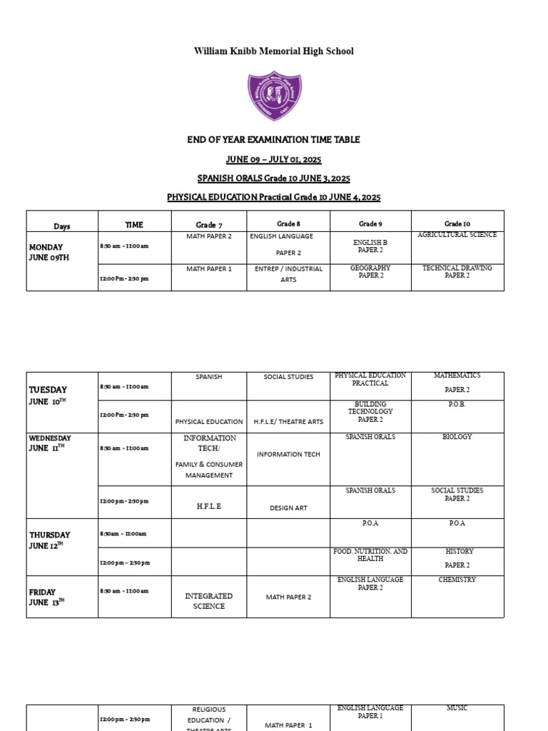 End of Year Timetable 2025-1 | PDF | Science