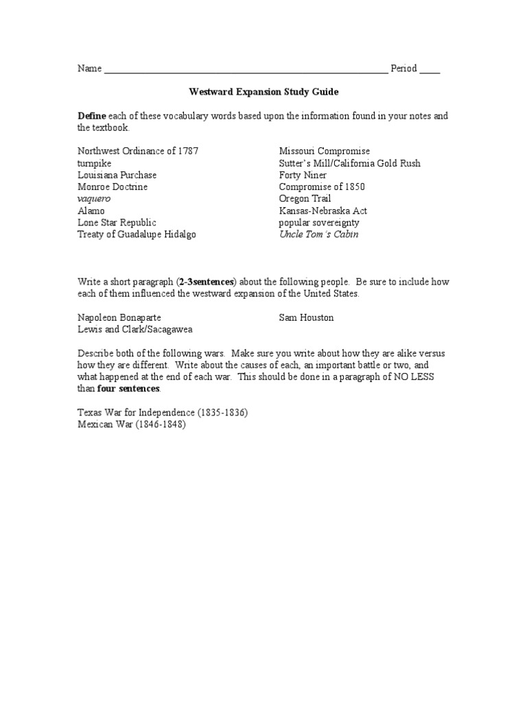 Westward Expansion Study Guide | PDF