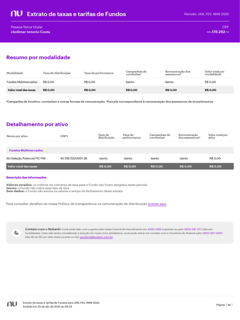 Nubank Extrato de Taxas e Tarifas de Fundos JAN FEV MAR-2025 | PDF