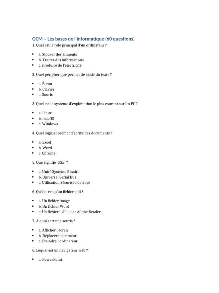 QCM 60 Questions Informatique | PDF | Fichier informatique | Informatique