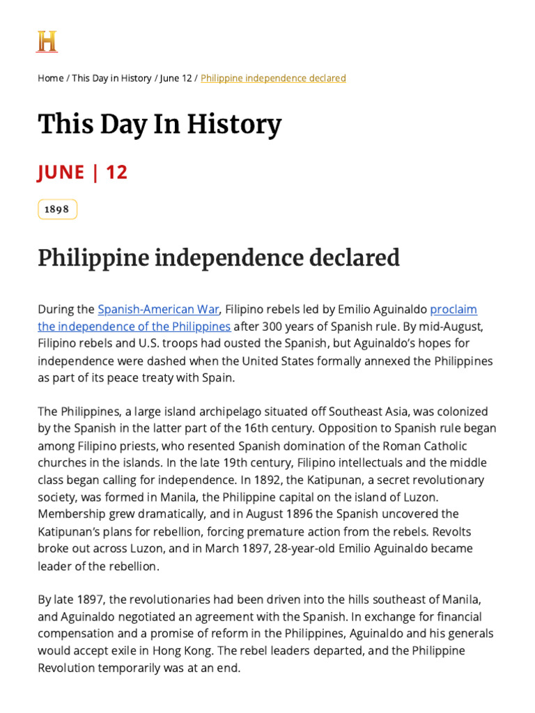 Philippine Independence Declared - June 12, 1898 - HISTORY | PDF ...