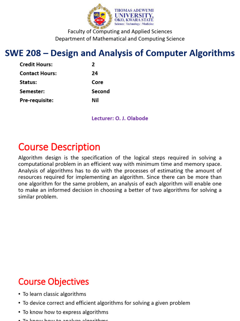 Design and Analysis of Computer Algorithms Swe208 1716306591 | PDF | Time Complexity | Algorithms