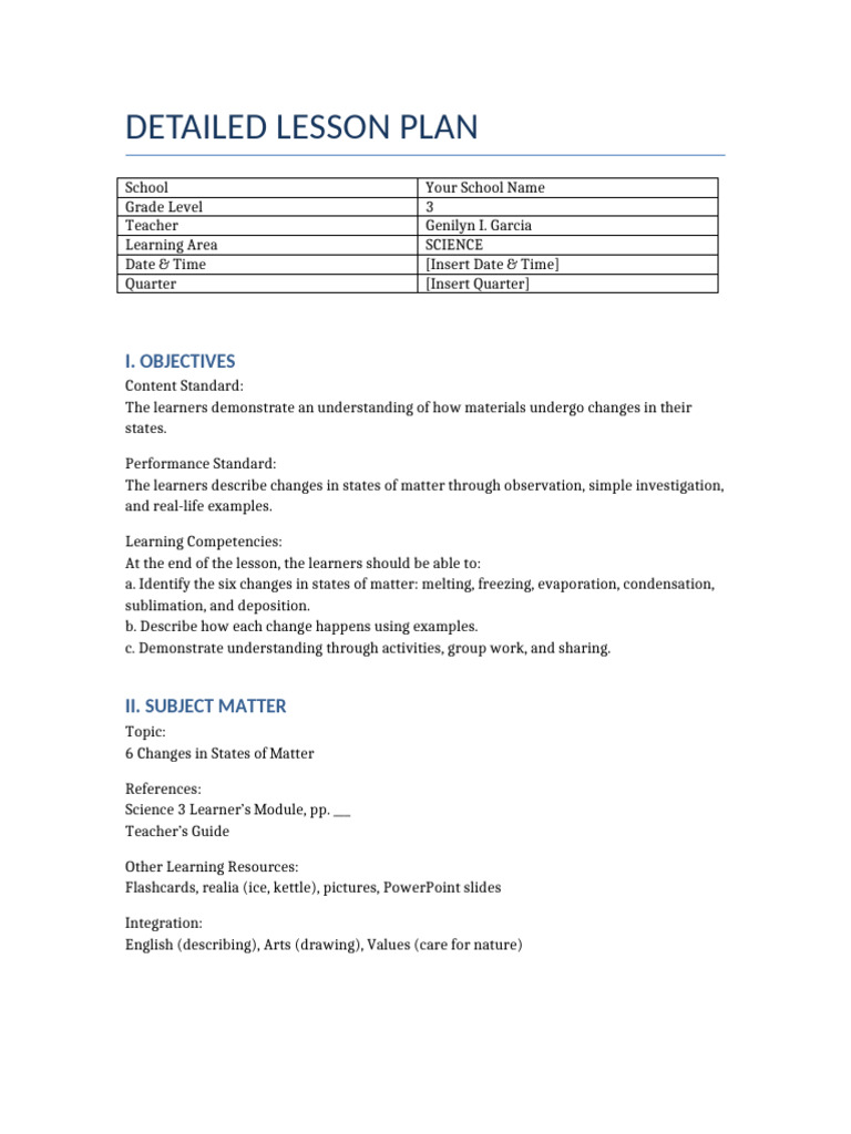 6 Changes in States of Matter Lesson Plan | PDF | Ice | Lesson Plan