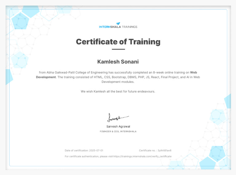 Web Development Training - Certificate of Completion | PDF