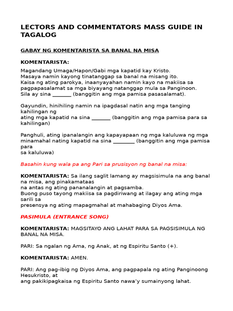 Lectors and Commentators Mass Guide in Tagalog | PDF