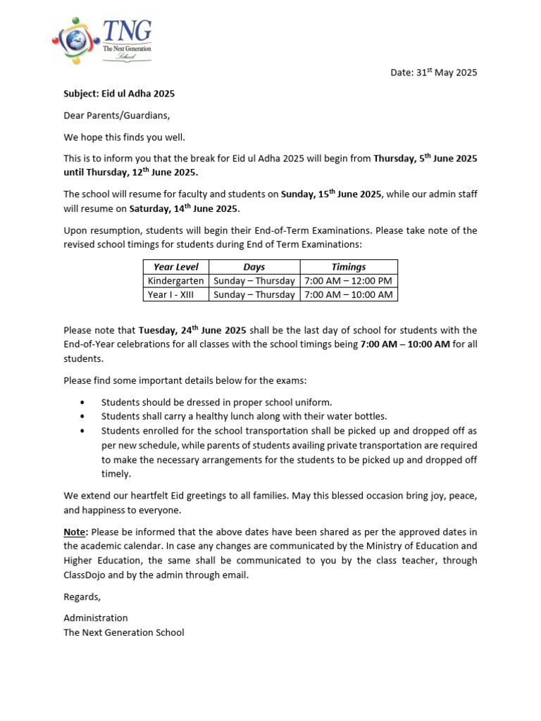 Eid Ul Adha 2025 - Memo | PDF