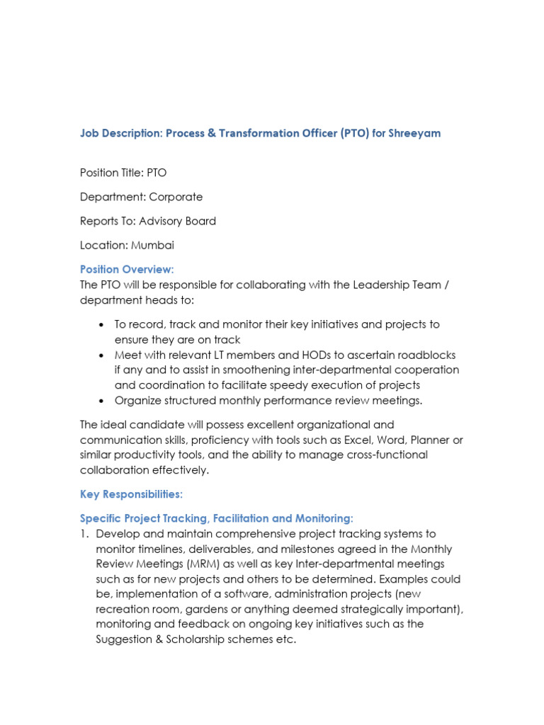 JD - Process & Transformation Offficer | PDF | Project Management | Cognition