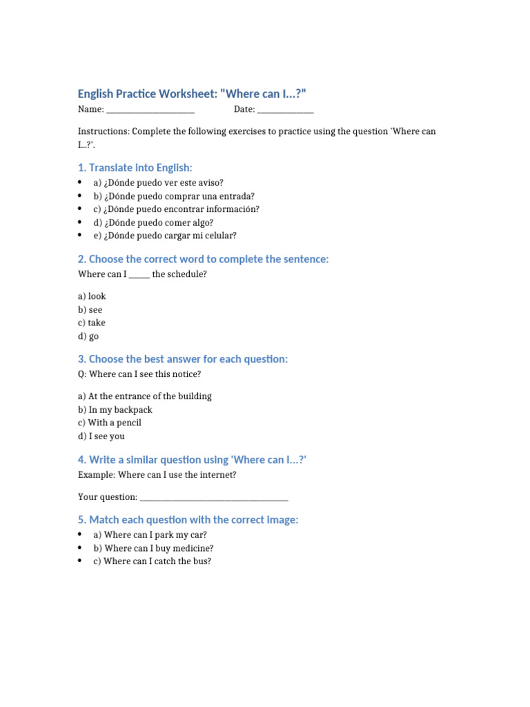 English Worksheet: "Where Can I...?" Practice | PDF