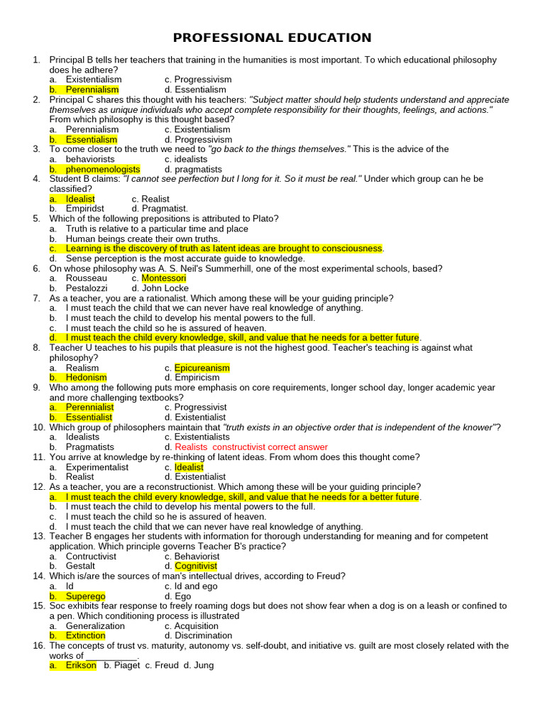 Profed With Highlighted Ans | PDF | Classroom Management | Learning