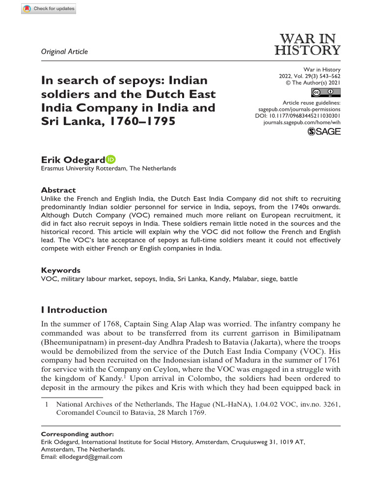 Odegard 2021 in Search of Sepoys Indian Soldiers and The Dutch East ...