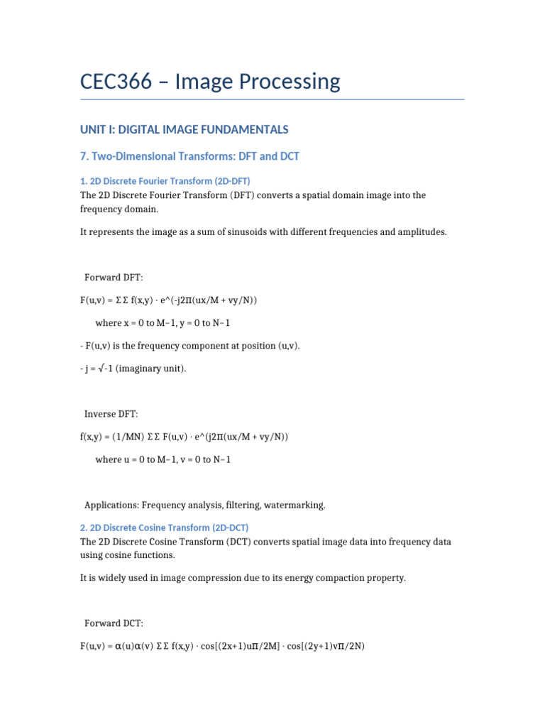 2D Transforms DFT DCT Notes | PDF
