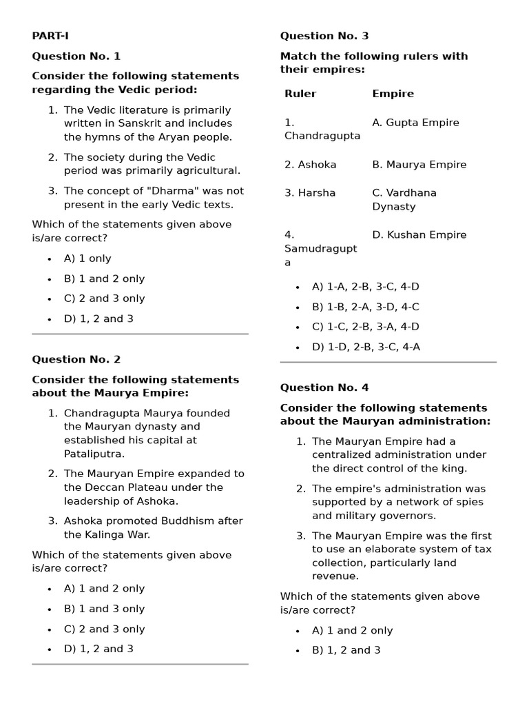 Ancient Indian History Quiz Questions | PDF | Ashoka | Vedas