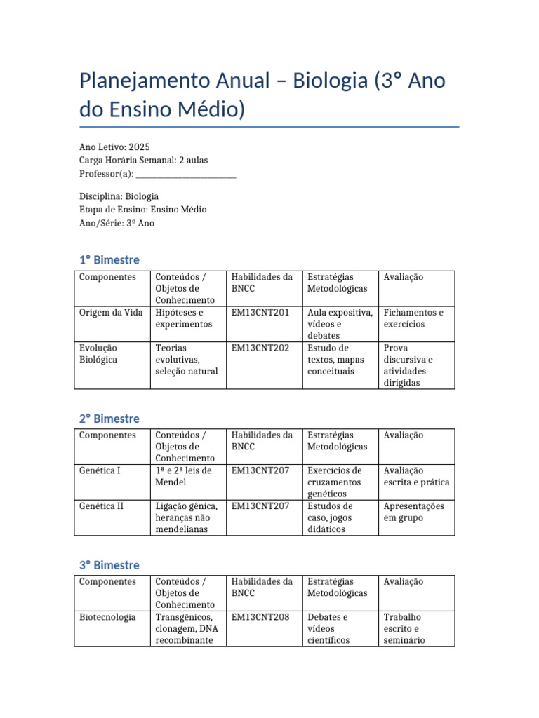 Planejamento Biologia 3ano EM | PDF | Genética | Biologia