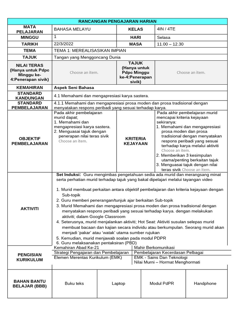 Contoh Rph Bm Kssm Tingkatan 4 (2) | PDF
