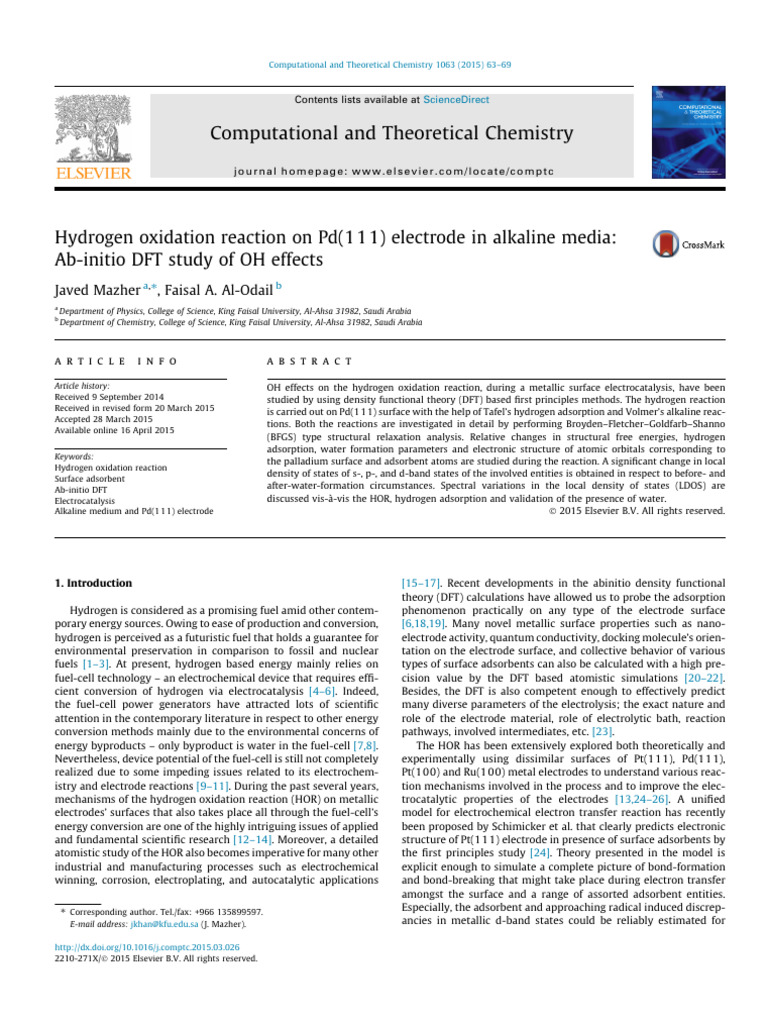 Hydrogen Oxidation Reaction On PD 111 Electrode in - 2015 - Computational and T | PDF ...