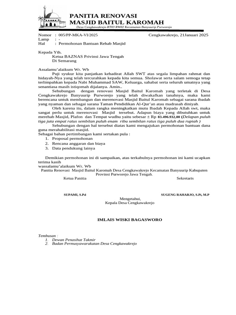 Proposal PEMBANGUNAN Masjid Baitul Karomah FINAL | PDF