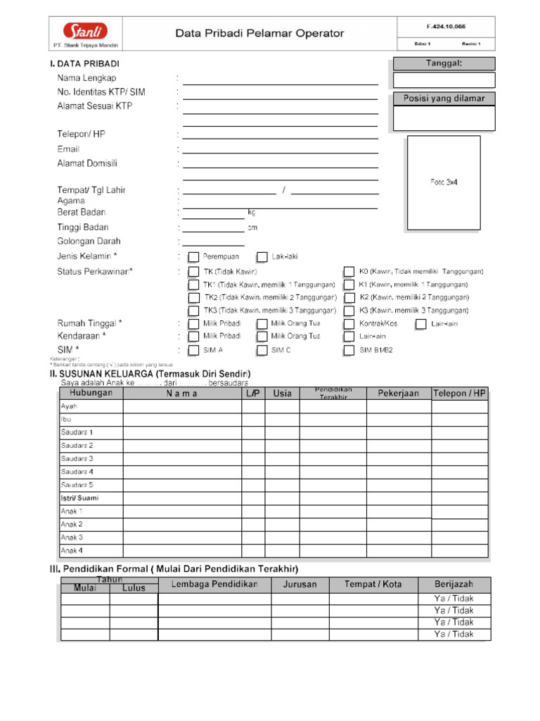 Formulir Data Pelamar Kerja | PDF