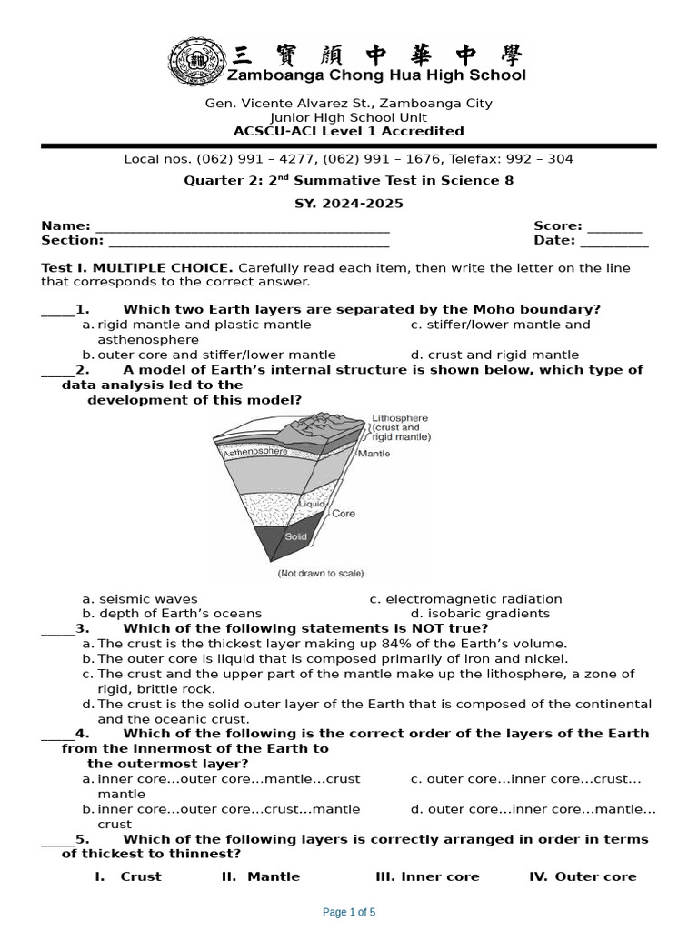 Science 8 Quarter 2 Summative Test | PDF | Seismology | Planetary Core
