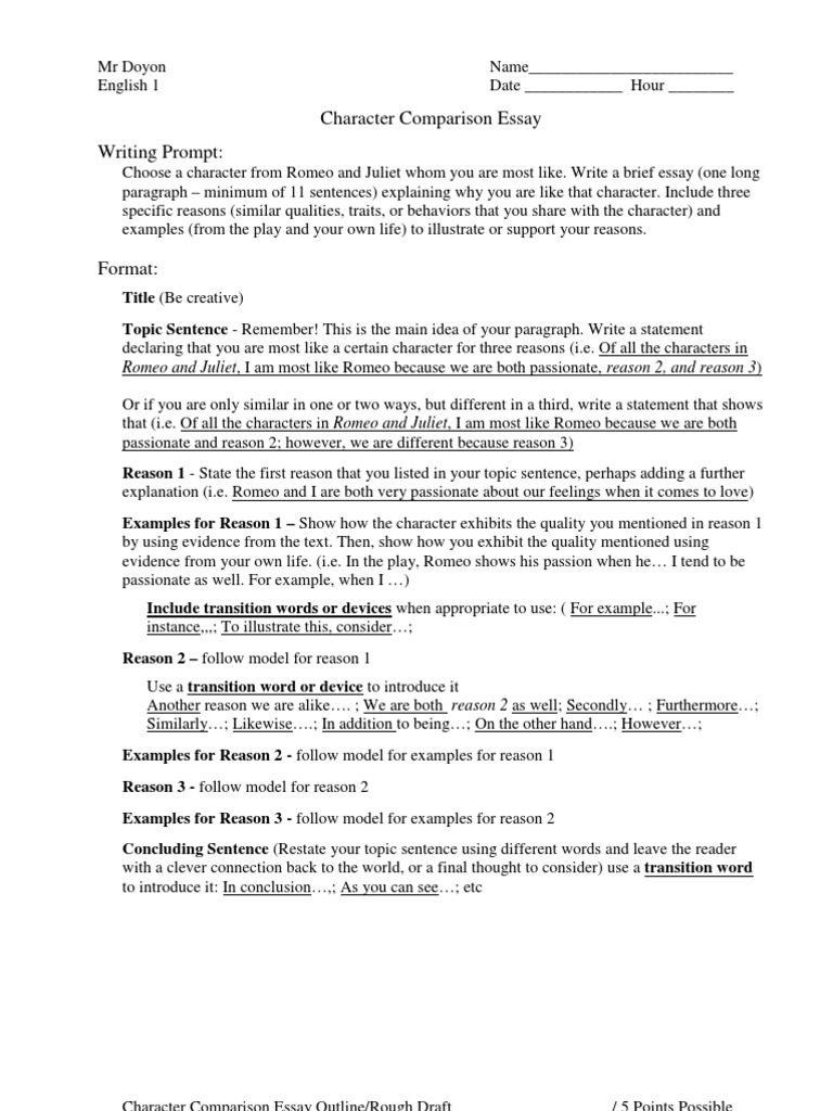 English 1 - R&J - Character Comparison Paper | PDF | Essays | Paragraph