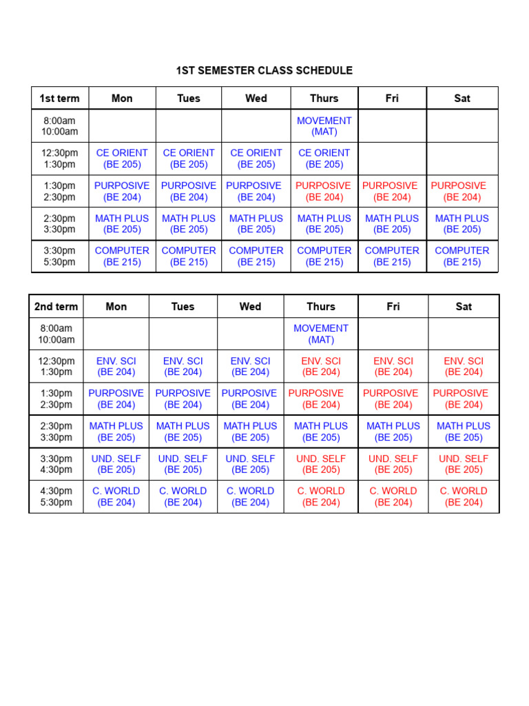 1st Semester Class Schedule 1 | PDF