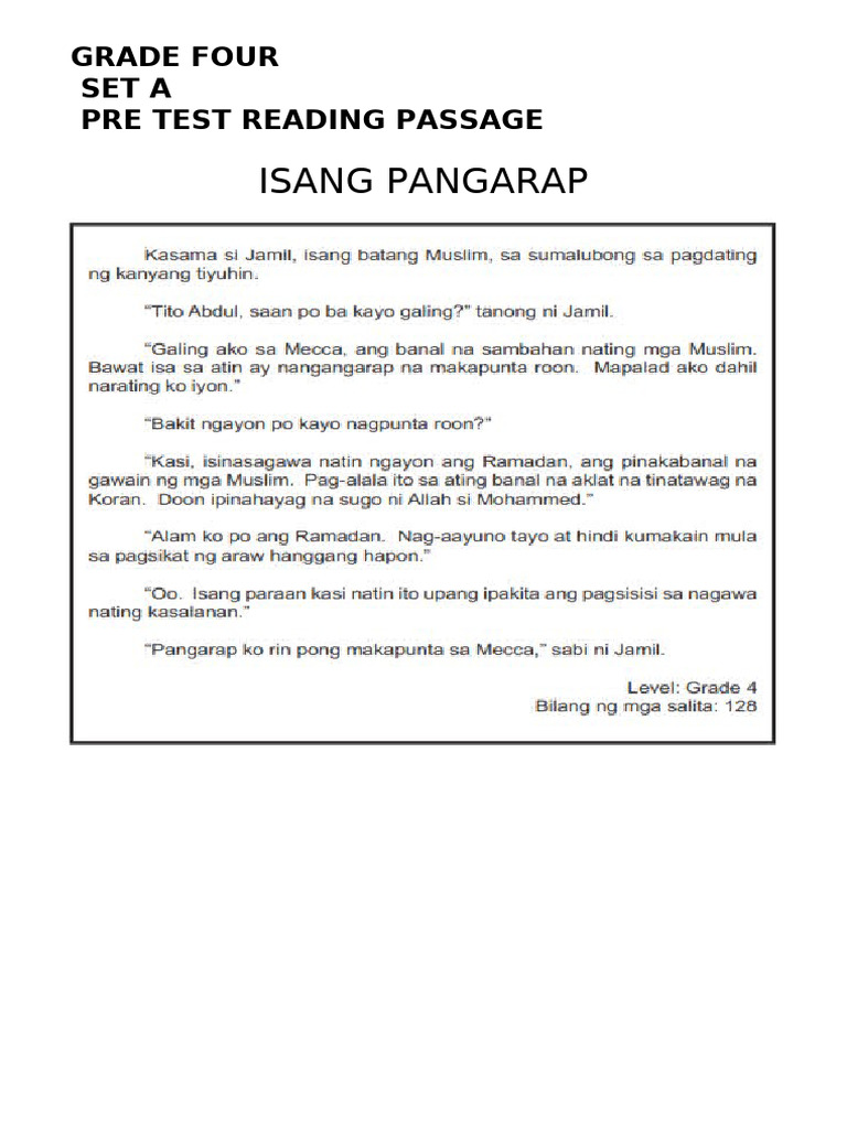 Grade Four-Reading Passage Pre-Test | PDF