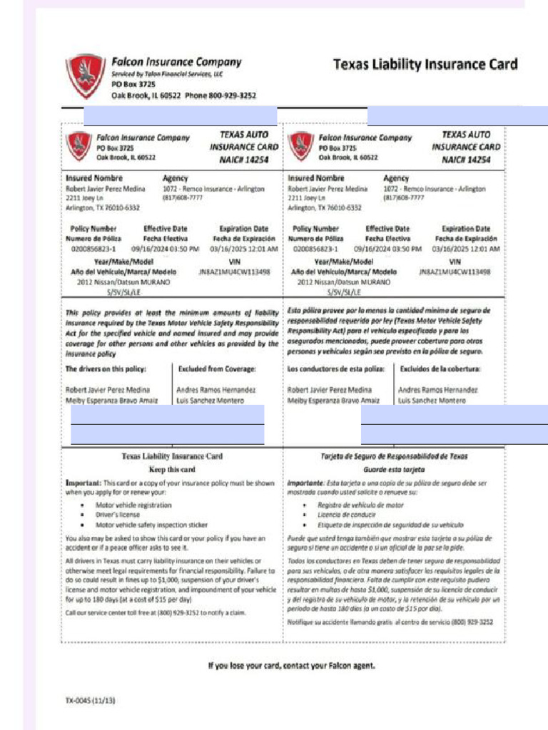 Texas Liability Insurance Card Editable | PDF