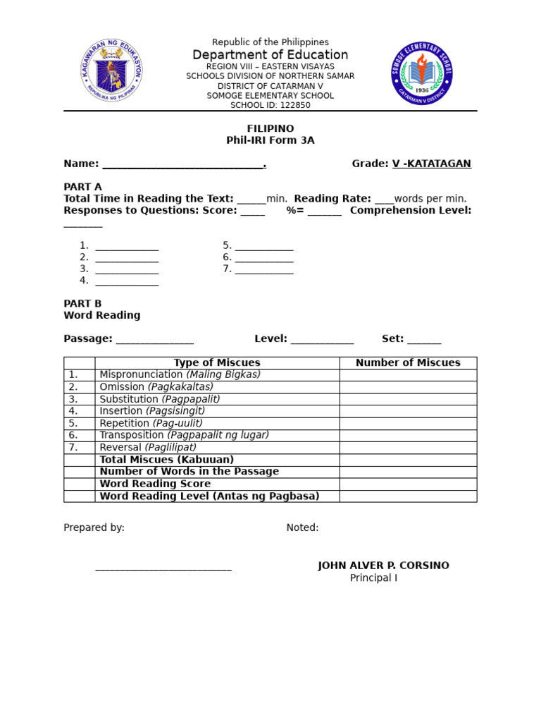 Phil-IRI Form 3A for Grade V | PDF